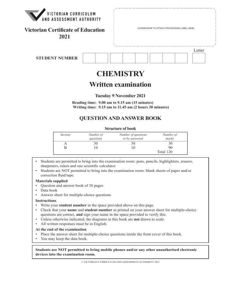 VCE Chemistry Written Examination 2021 - Questions & Answers