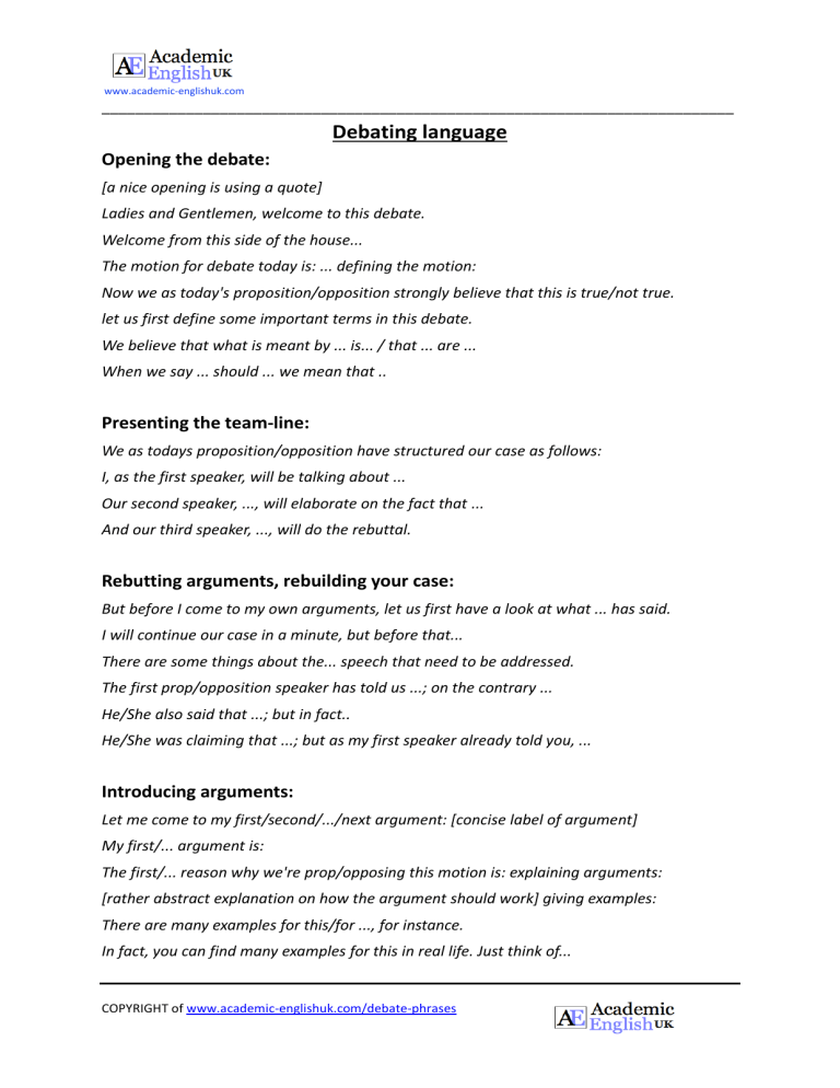 Debate Phrases: Opening, Arguments, Rebuttals & Summaries