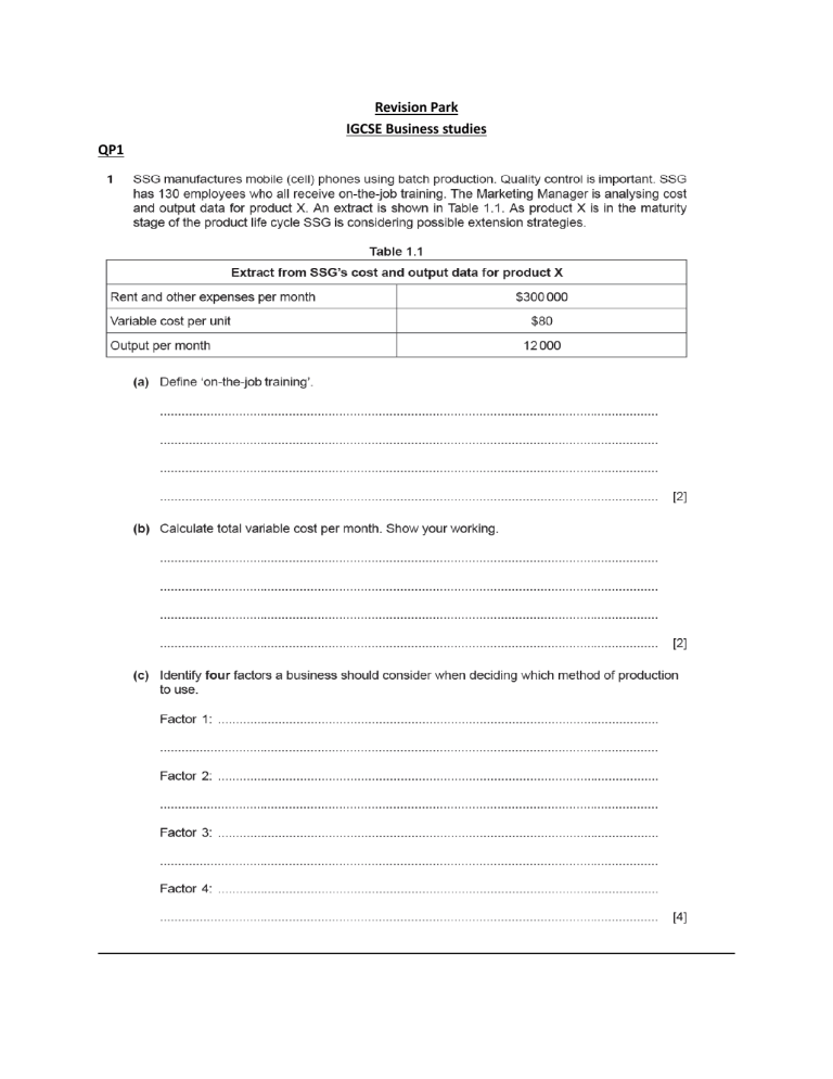 IGCSE Business Studies Revision Papers
