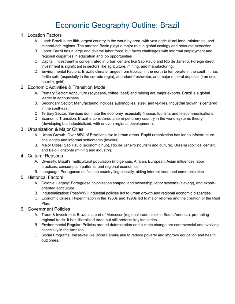 Economic Geography: Brazil Outline