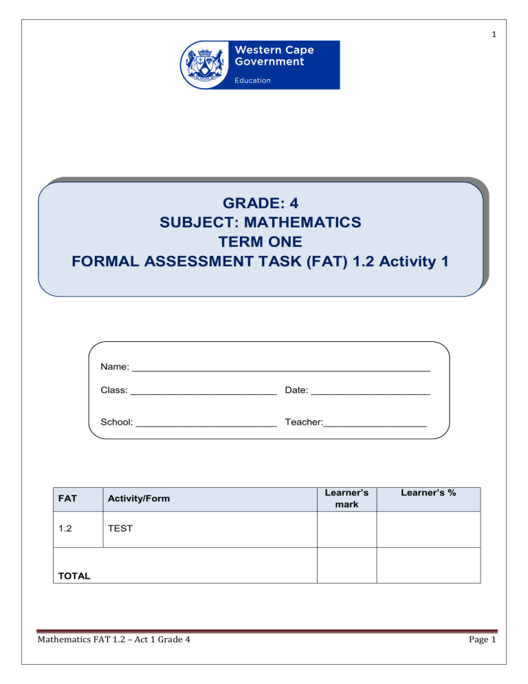 Grade 4 Math Test - Term 1: Number Patterns & Arithmetic