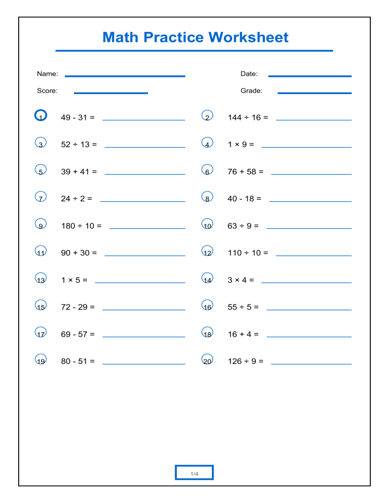 Math Practice Worksheet - Elementary Arithmetic