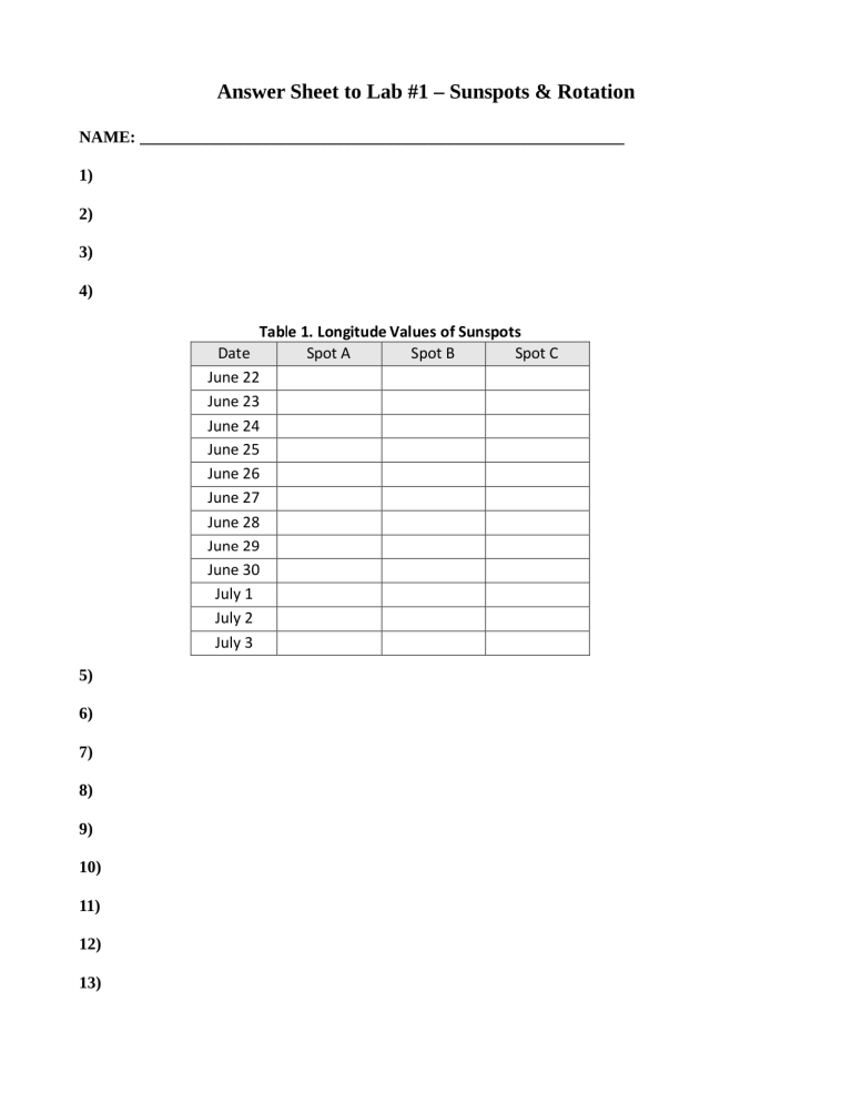 Sunspots & Solar Rotation Lab Answer Sheet