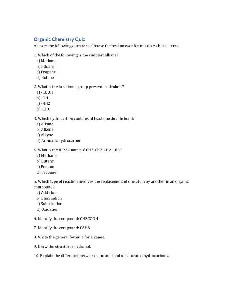 Organic Chemistry Quiz: Basic Concepts