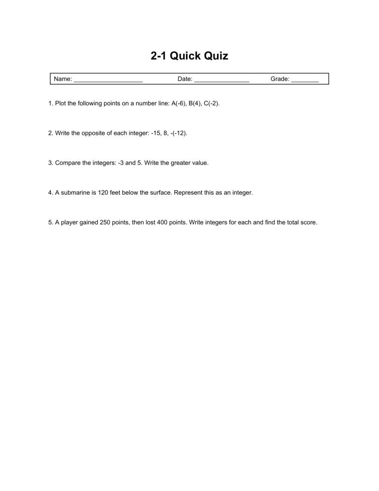2-1 Quick Quiz: Integers and Number Lines