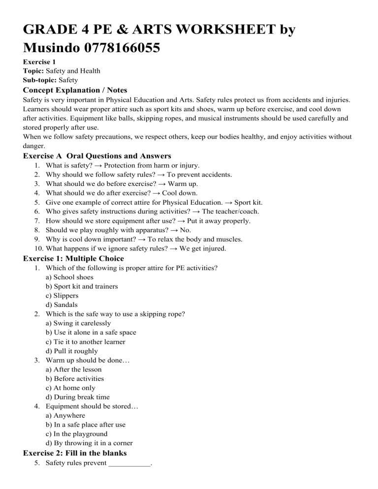 Grade 4 PE & Arts: Safety & Healthy Habits Worksheet