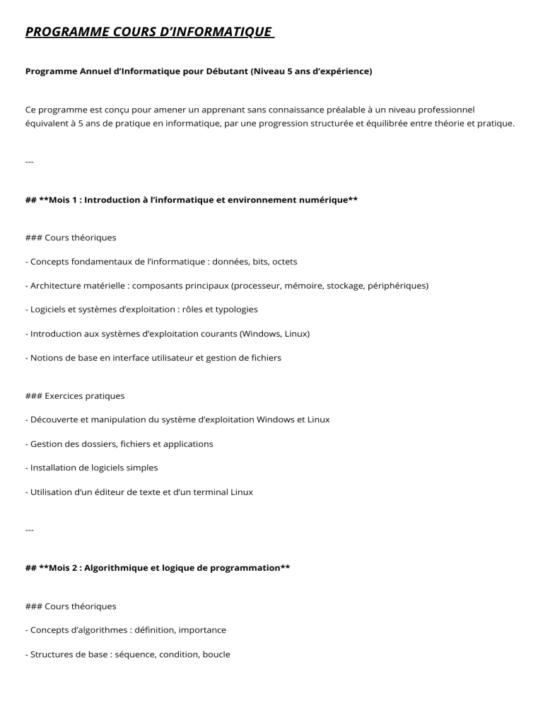 Cours d'informatique pour débutants