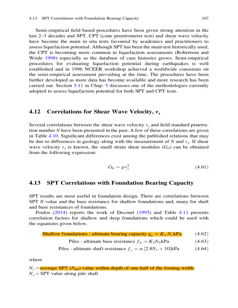 SPT Correlations: Foundation Bearing Capacity & Shear Wave Velocity