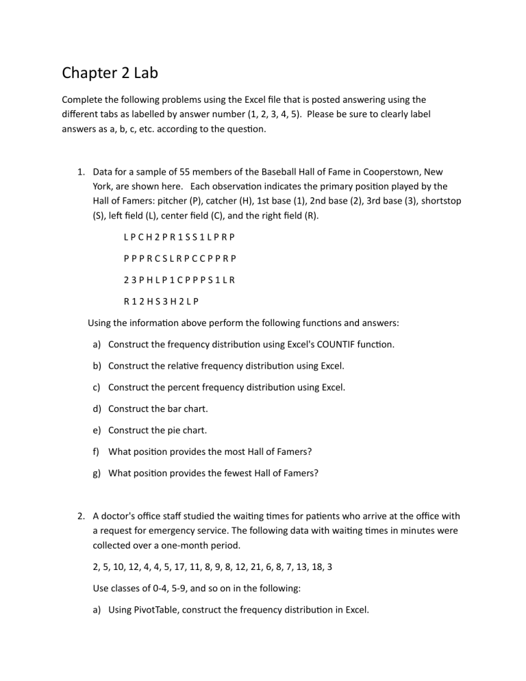 Chapter 2 Lab: Excel Statistics & Data Analysis Problems