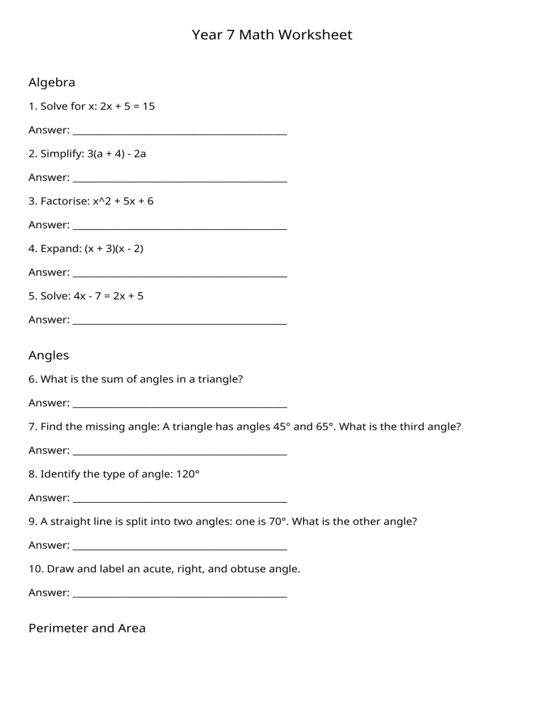 Year 7 Math Worksheet: Algebra, Angles, Perimeter & Area Practice