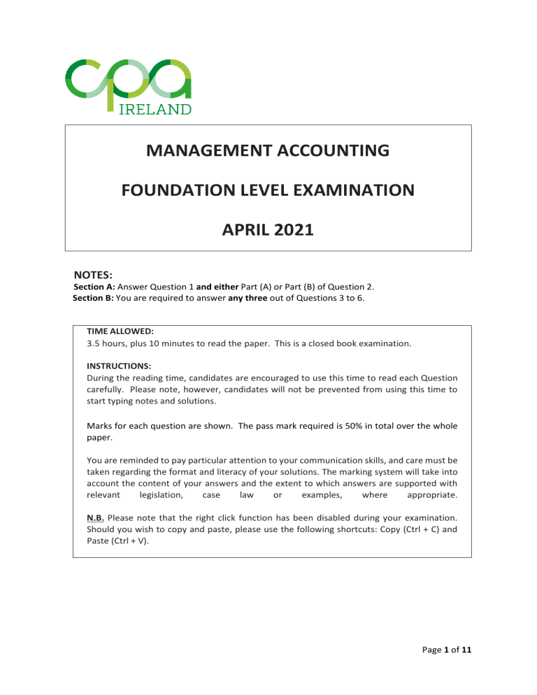 Management Accounting Foundation Level Exam - April 2021 | CPA Ireland