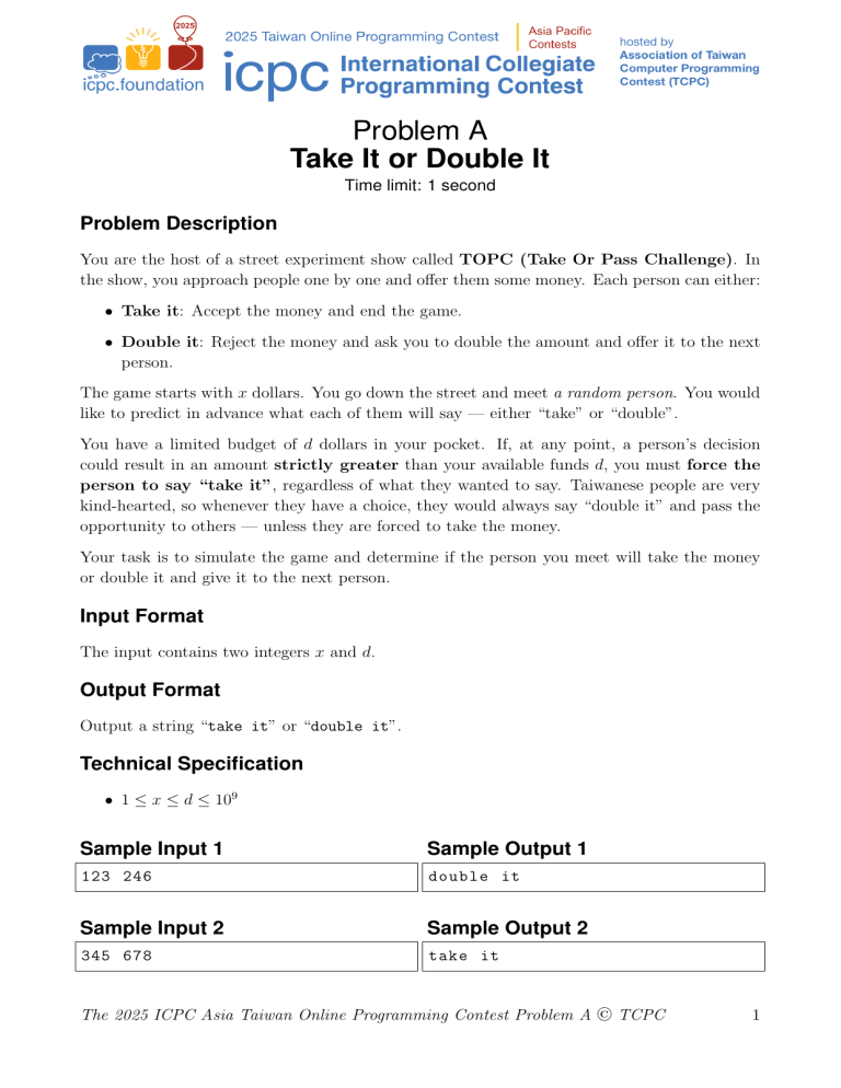 ICPC 2025 Asia Taiwan Online Programming Contest Problem Set