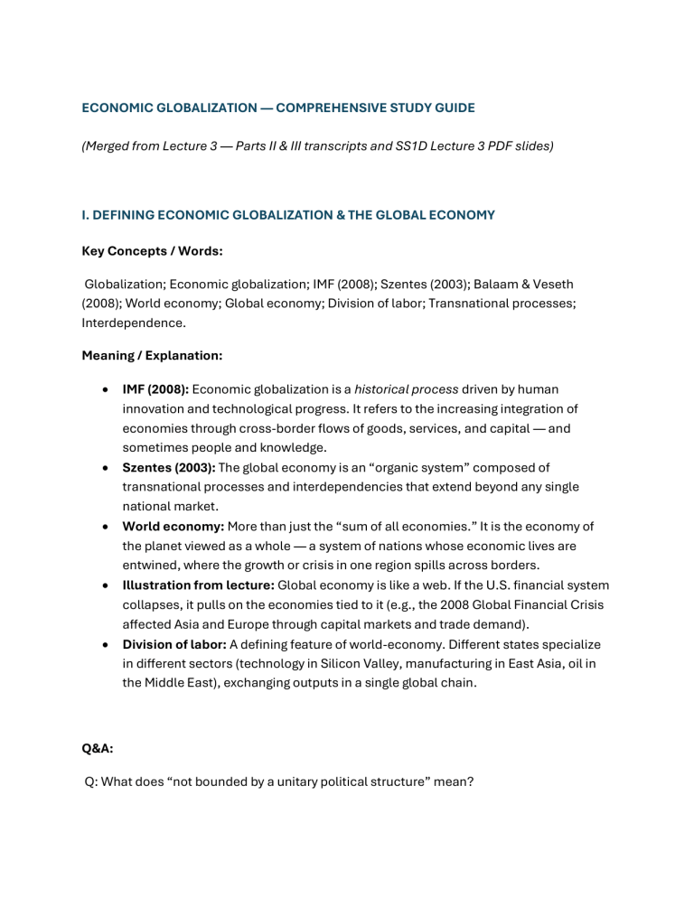 Economic Globalization Study Guide: Concepts, Theories & Policies