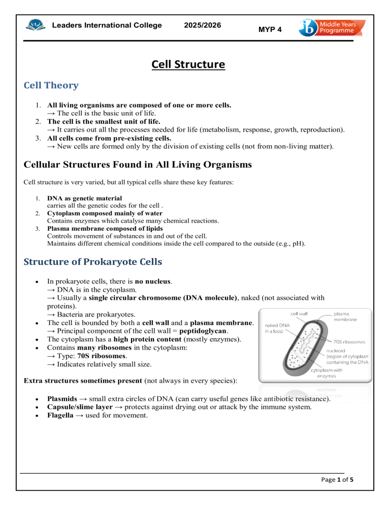Cell Structure & Theory: MYP 4 Biology Guide