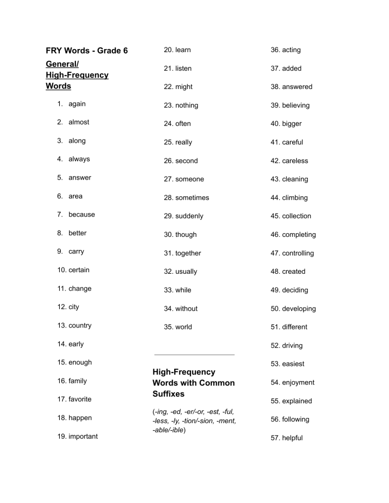 Fry Words Grade 6: High-Frequency & Academic Vocabulary