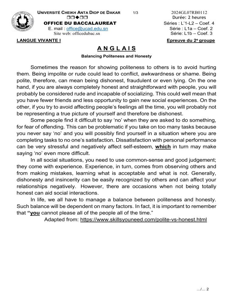 English Exam: Politeness vs. Honesty - Reading & Writing