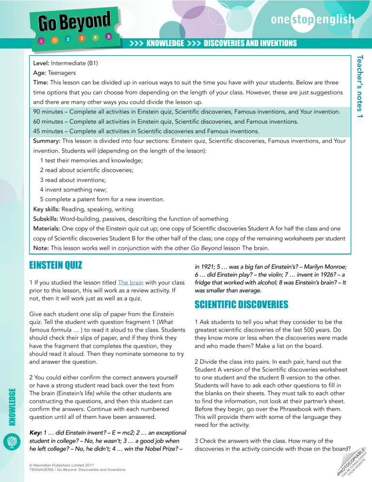Discoveries and Inventions Lesson Plan for Teenagers (B1)