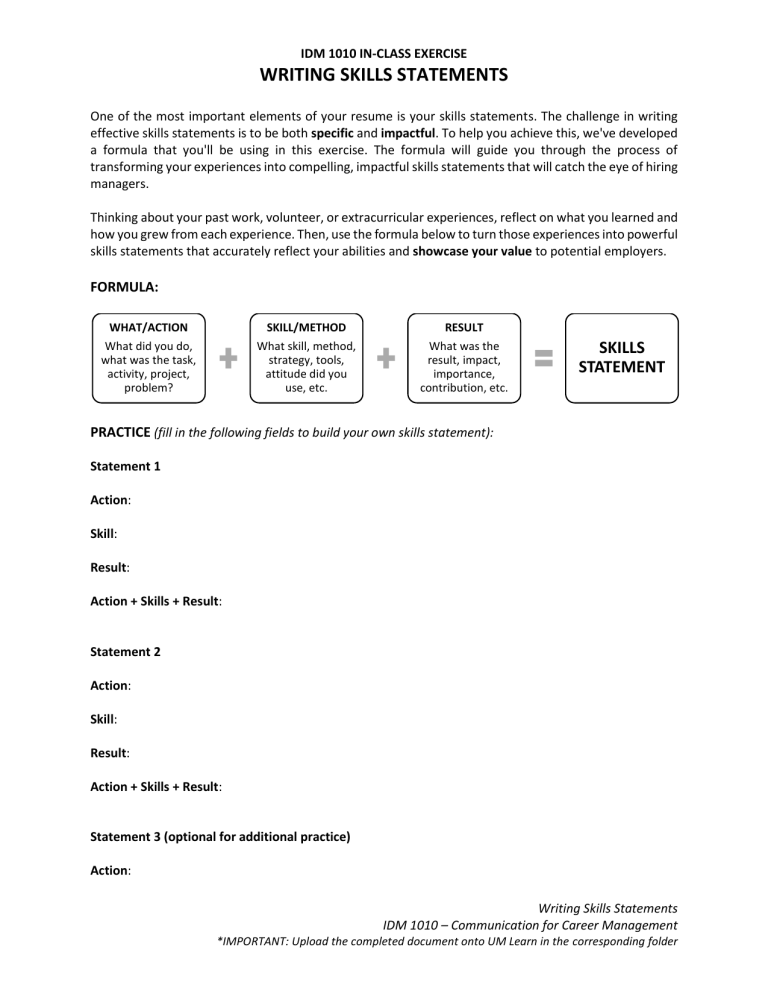 Writing Skills Statements Exercise