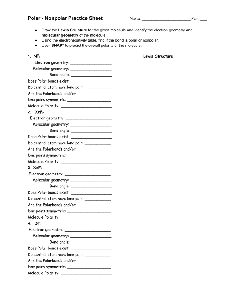 Polar & Nonpolar Molecules Practice Sheet