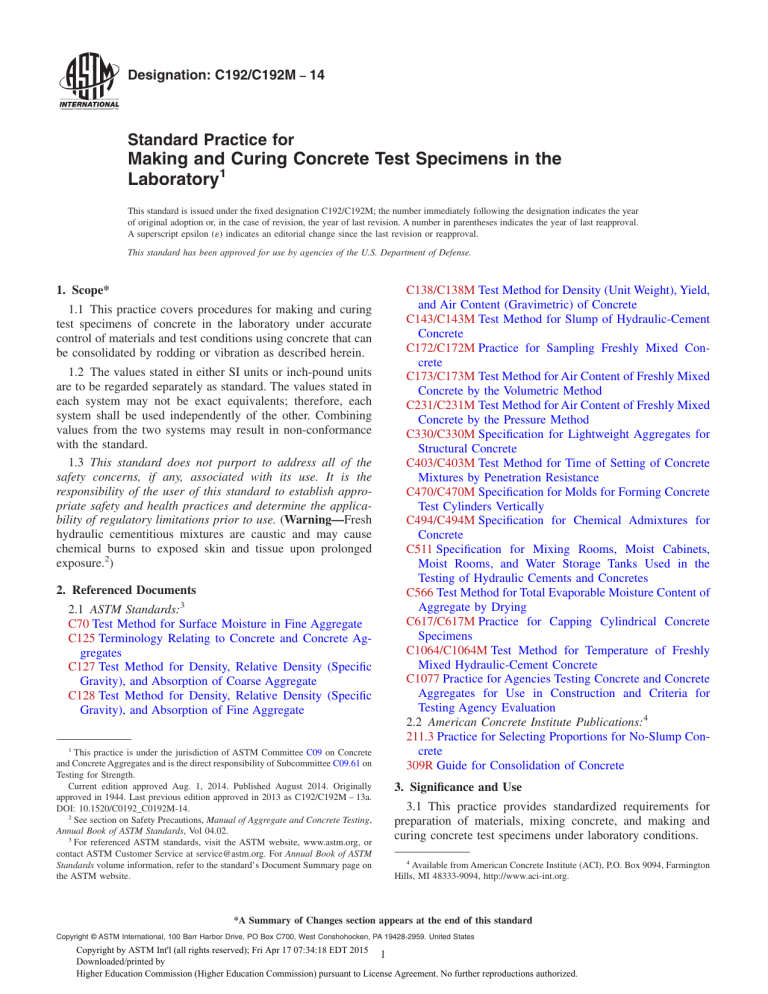 C192/C192M-14: Making & Curing Concrete Test Specimens Lab Practice