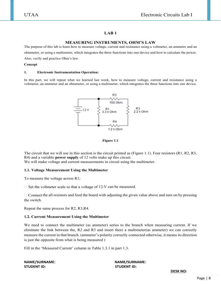 Electronic Circuits Lab 1: Measuring Instruments & Ohm's Law