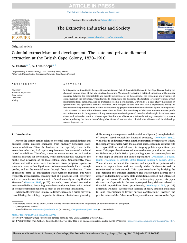 Colonial Extractivism: Cape Colony Diamond Mining
