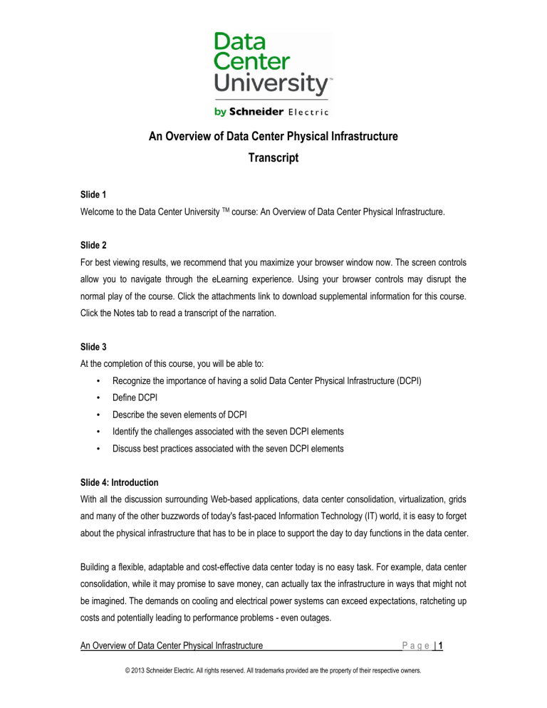 Data Center Physical Infrastructure Overview - Transcript