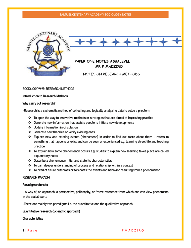 Sociology Research Methods Notes: AS & A Level