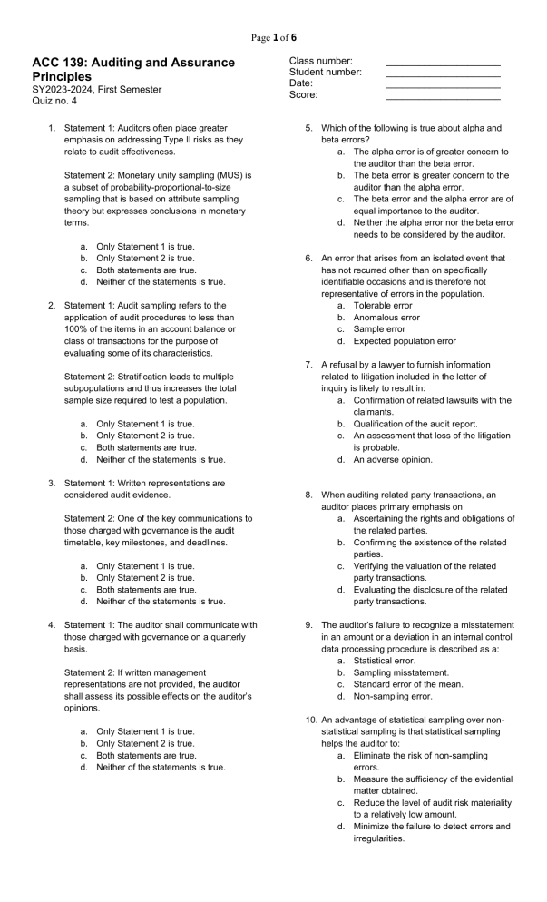 Auditing & Assurance Principles Quiz - ACC 139