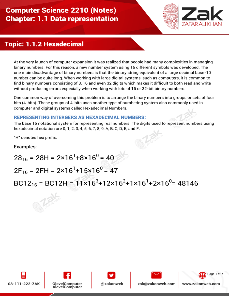 Hexadecimal Data Representation: Computer Science Notes