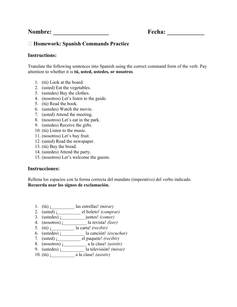 Spanish Commands Practice Worksheet