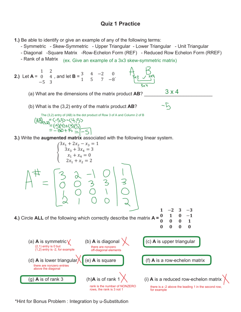 Linear Algebra Quiz Practice: Matrices & Systems