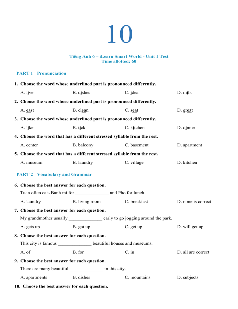 English 6 Unit 1 Test - iLearn Smart World (60 mins)
