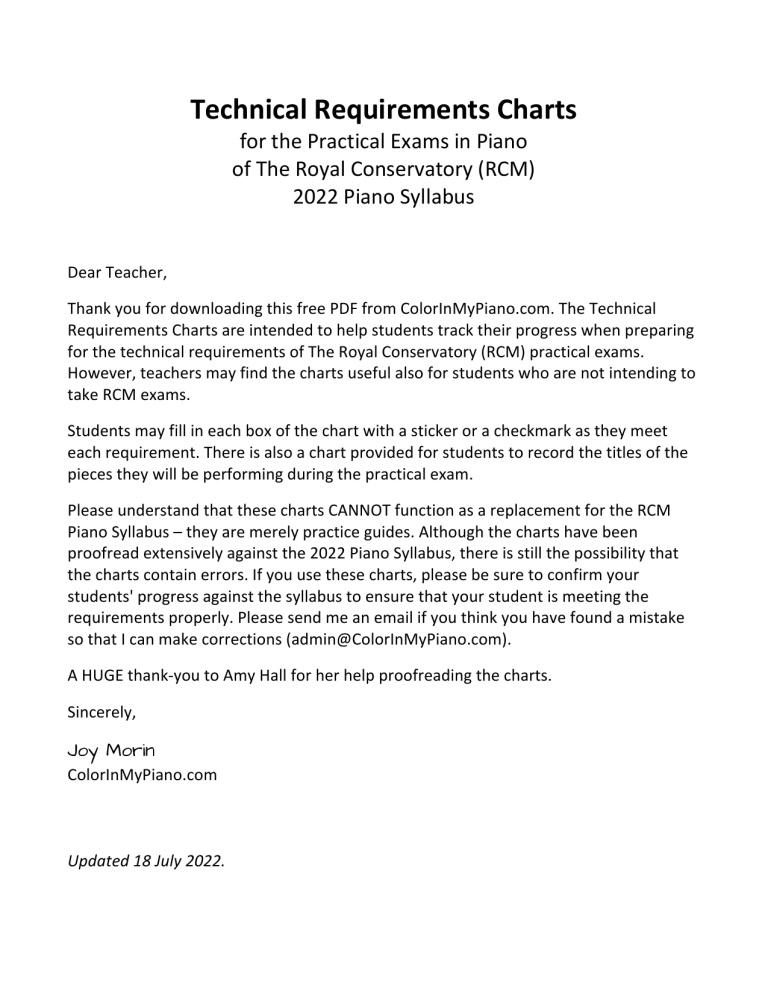 RCM Piano Exam Technical Requirements Charts (2022)