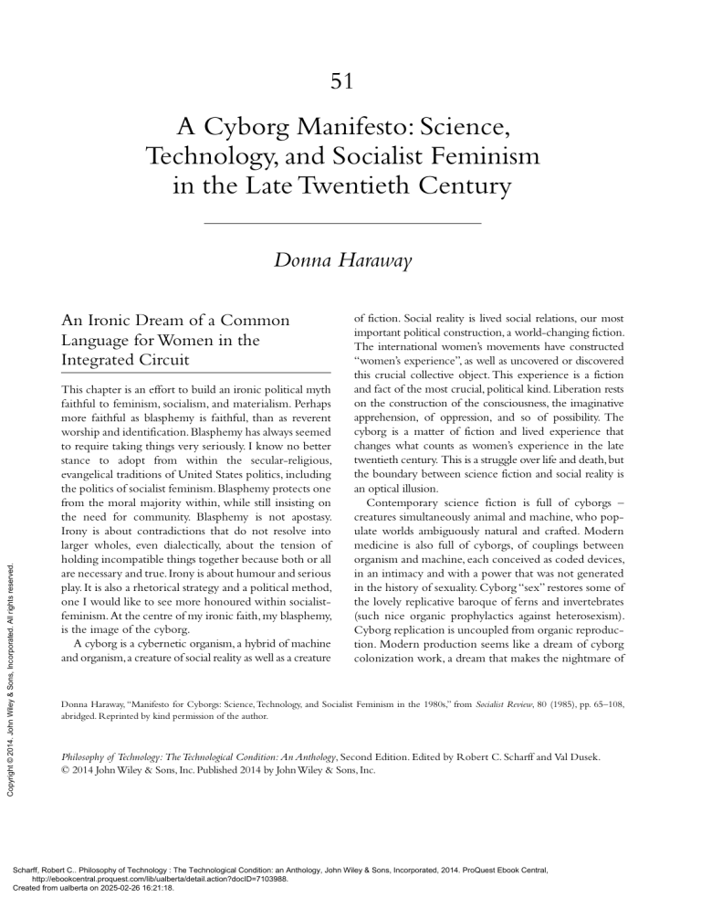 A Cyborg Manifesto: Haraway's Socialist Feminism & Technology