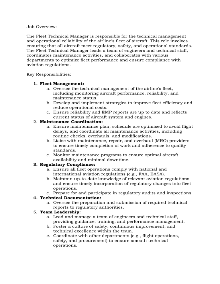 Fleet Technical Manager Job Description | Aviation