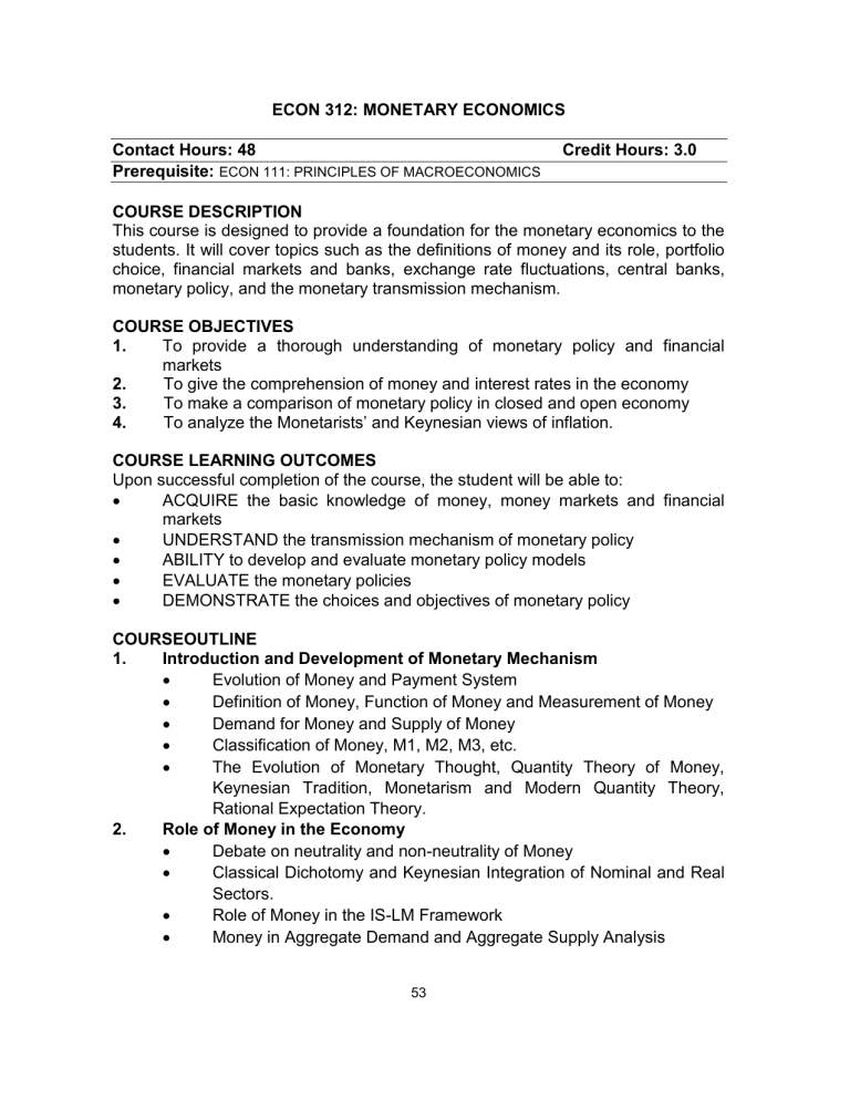 ECON 312: Monetary Economics Course Outline, Objectives & Syllabus