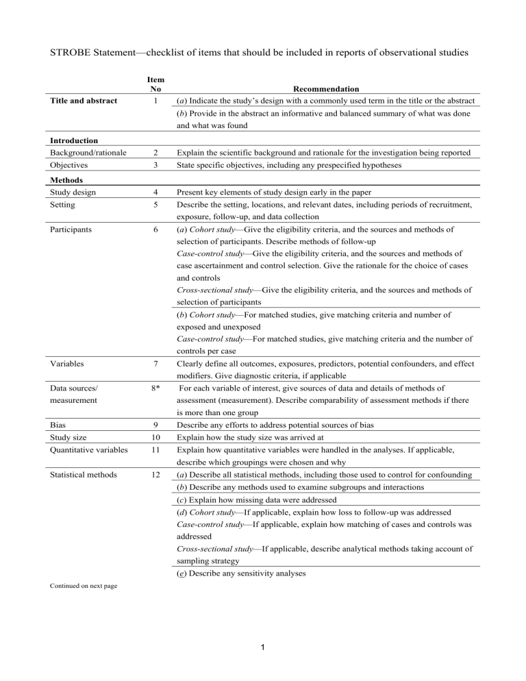 STROBE Statement: Checklist for Observational Study Reporting