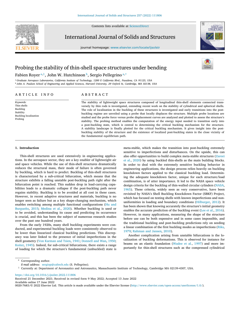 Thin-Shell Space Structures Stability Under Bending: A Probing Study