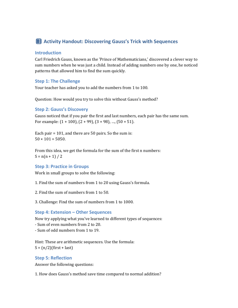 Discovering Gauss's Trick: Summing Sequences Math Activity Handout