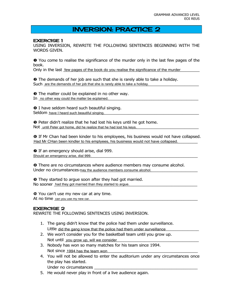 Advanced Grammar Inversion Practice 2