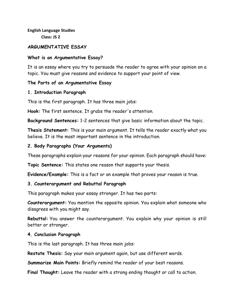 Argumentative Essay Guide: Structure, Parts & Example for JS 2