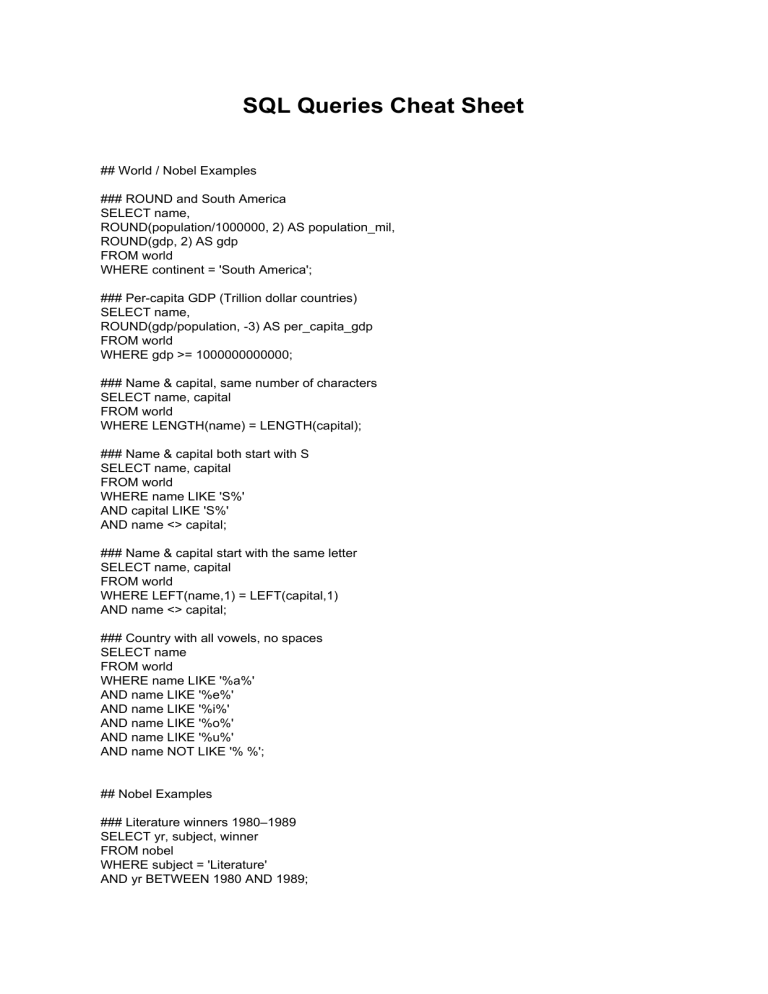 SQL Queries Cheat Sheet: World, Nobel, Data Modification Examples