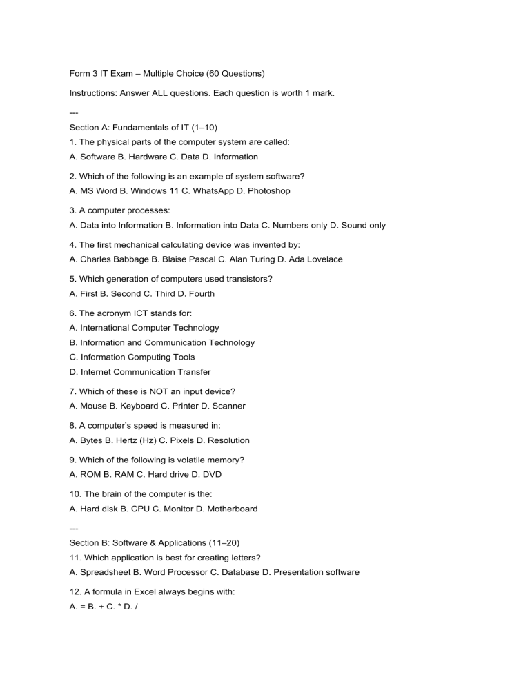 Form 3 IT Exam: Multiple Choice Questions on Computer Fundamentals
