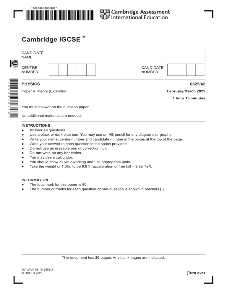 Cambridge IGCSE Physics 0625/42 Paper 4 Theory (Extended) 2025