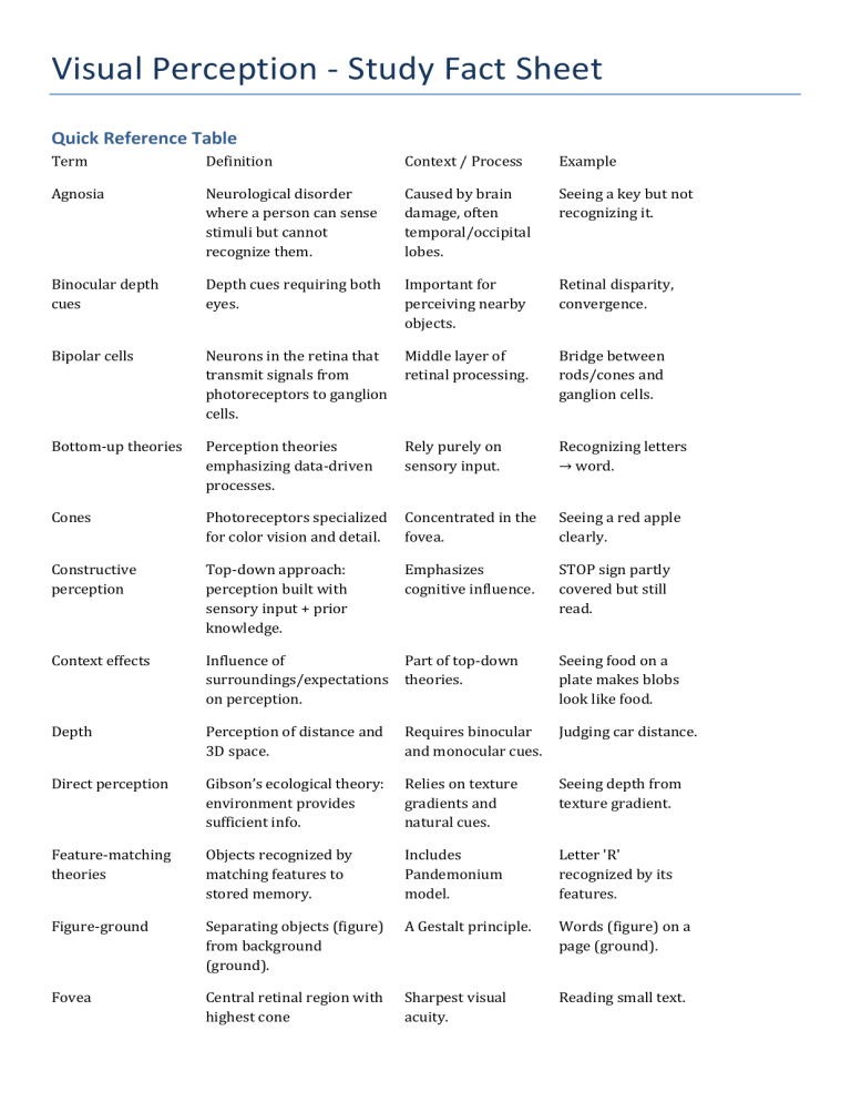 Visual Perception Study Fact Sheet: Cues, Theories & Disorders