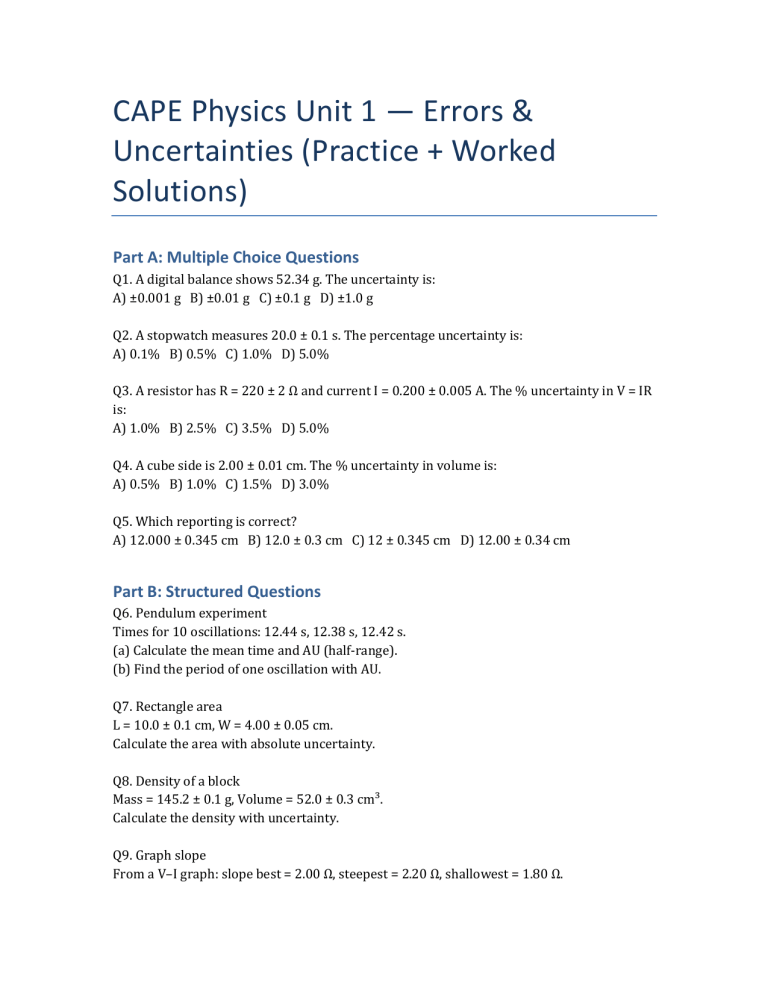 CAPE Physics Unit 1: Errors & Uncertainties Practice Questions & Solutions