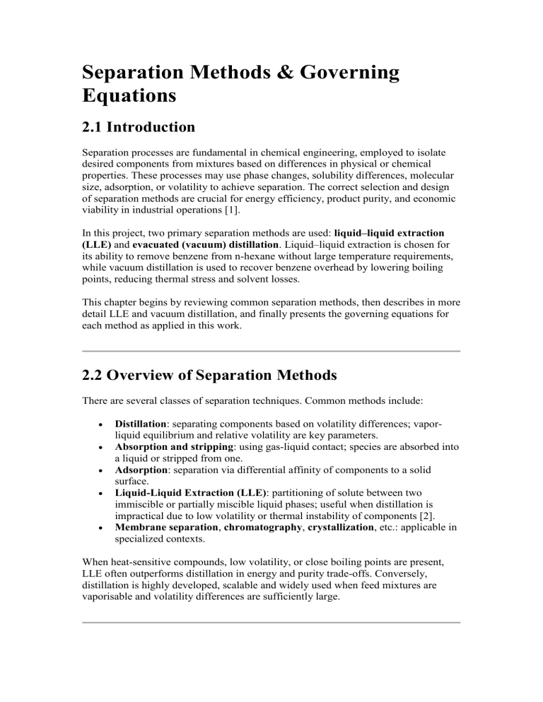 Separation Methods: LLE & Vacuum Distillation
