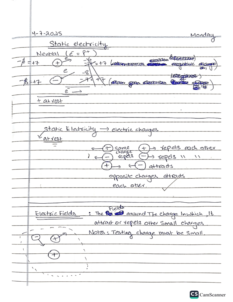 Static Electricity Notes: Charges, Fields, Attraction & Repulsion