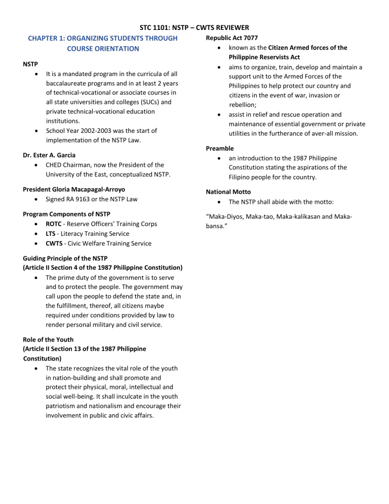 NSTP-CWTS Reviewer: Philippine Laws, Citizenship & Good Governance